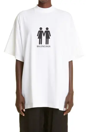 Balenciaga Pride 2022 Oversize Cotton Graphic Tee In White/ Black
